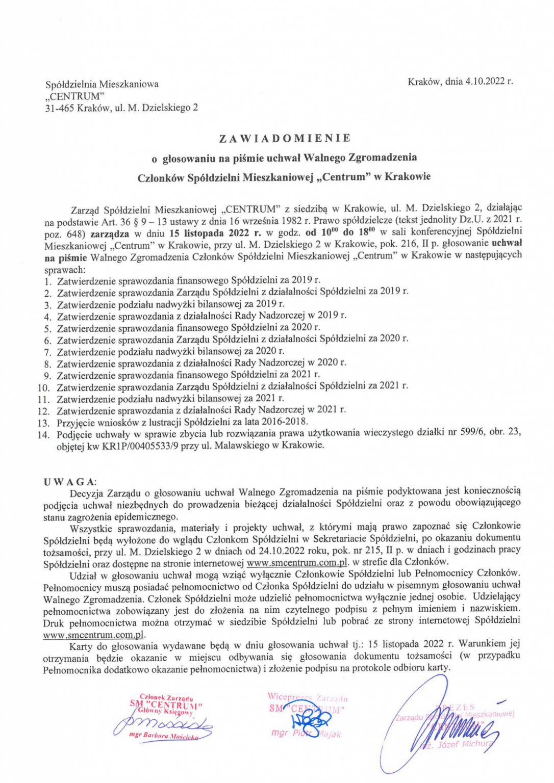 Zawiadomienie o Walnym Zgromadzeniu - S.M. Centrum